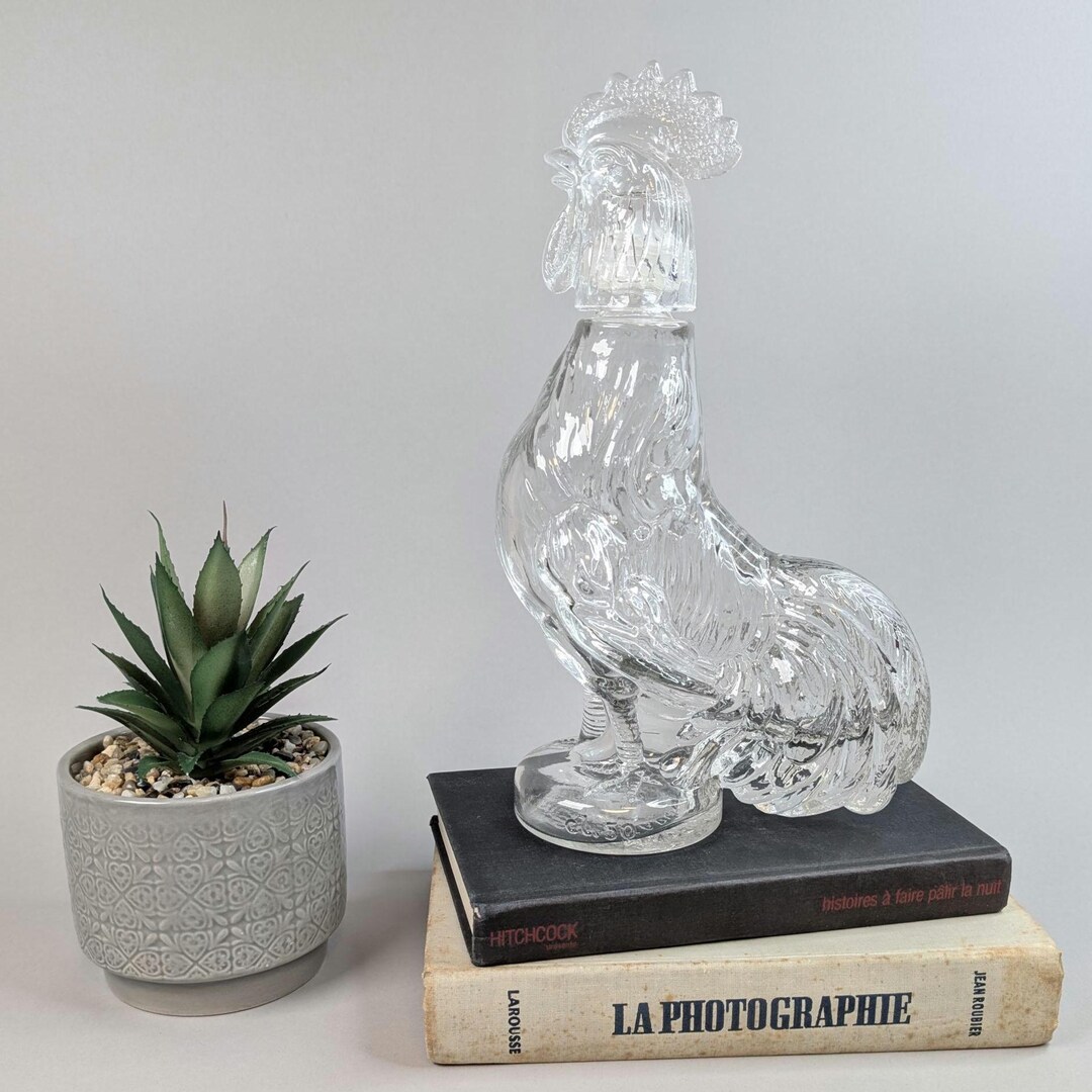 Vintage Clear Glass Rooster Decanter Bottle W/ Shot Glass Head Made in ...