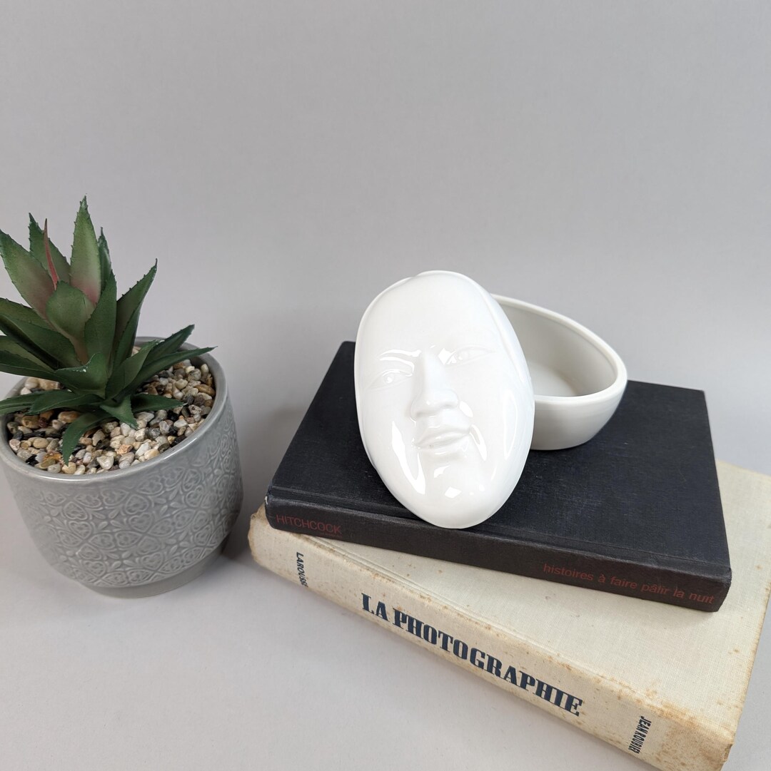 Vintage Japanese Noh Mask White Porcelain Trinket Box - Etsy
