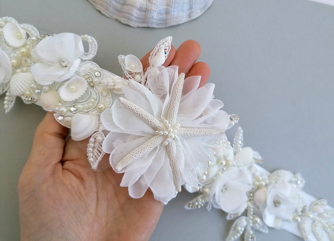 Beach Wedding Sash, Ivory Starfish Seashell Bridal Belt - Etsy
