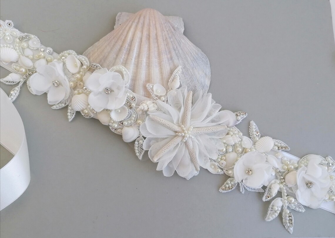 Beach Wedding Sash, Shell Bridal Sash, Bridal Dress, Ivory Belt ...