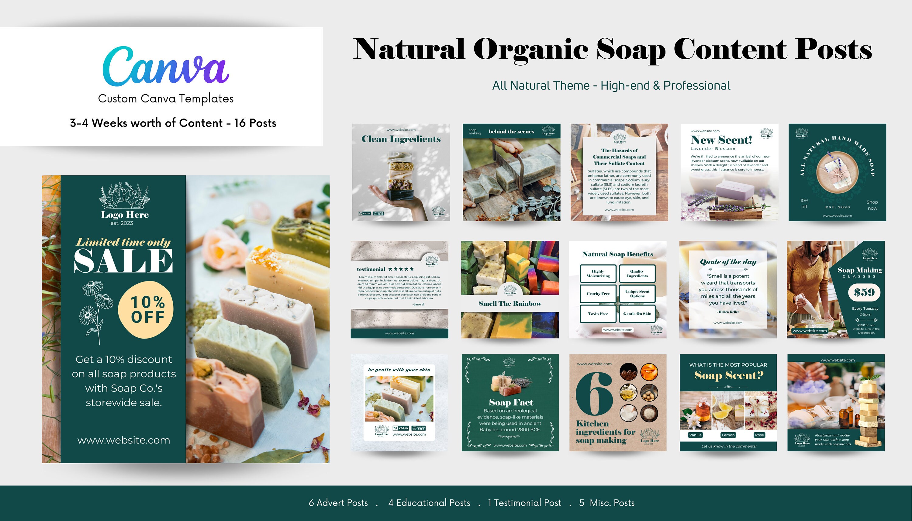 16 Social Media Content Post Canva Templates for Organic & Natural Soap ...