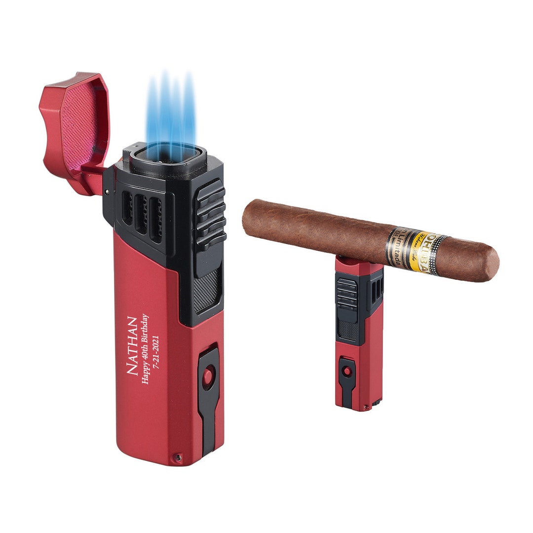 Cigars Lighter Engraved, Red Matte Quad Torch Flames Cigars Lighter ...