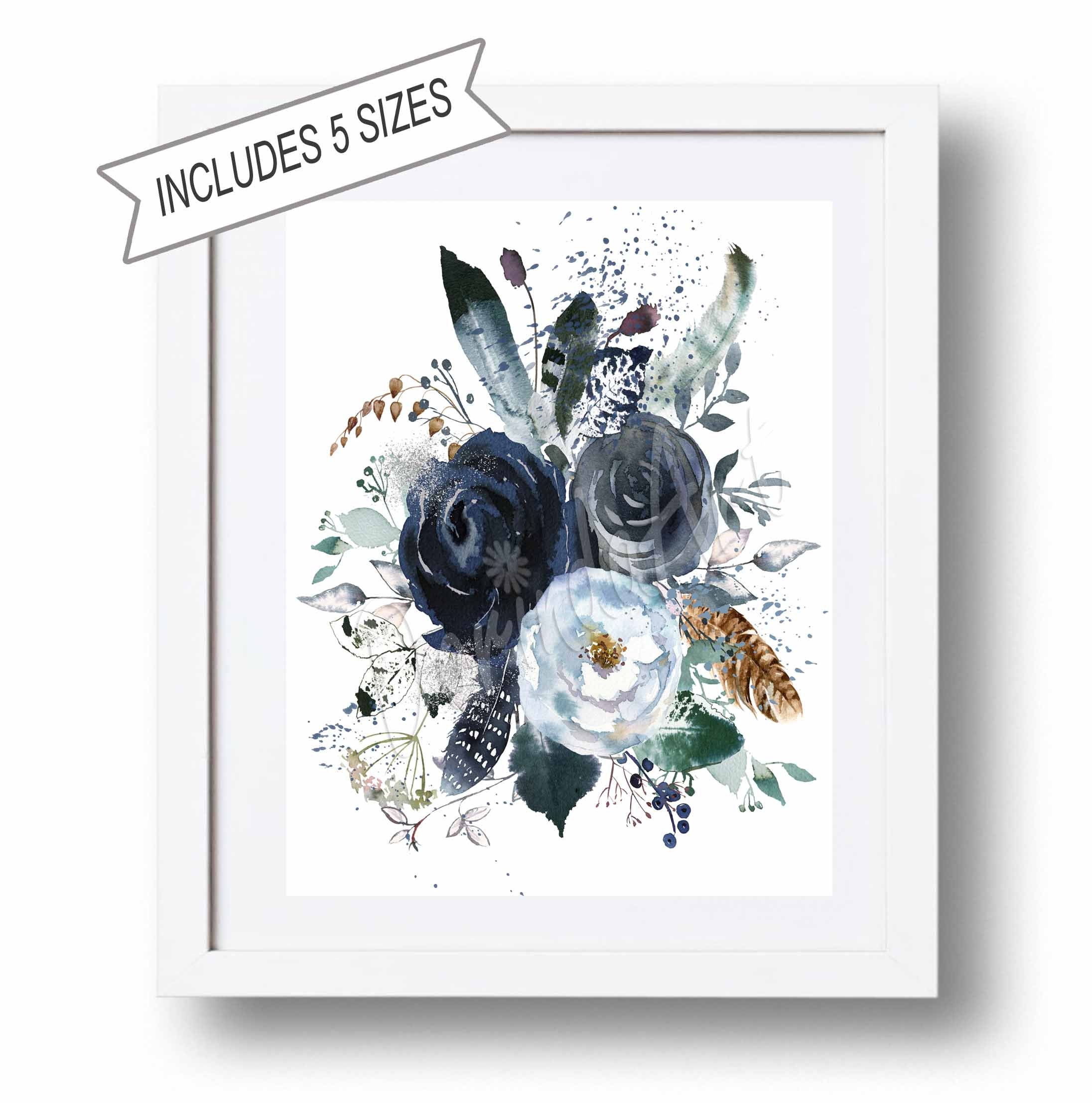 Navy Watercolor Flower Prints Set of 2 White Navy Flowers | Etsy