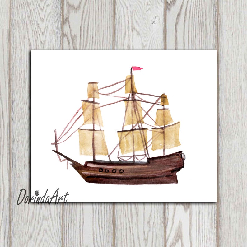 Watercolor ship print Nautical ship printable Nursery sail | Etsy