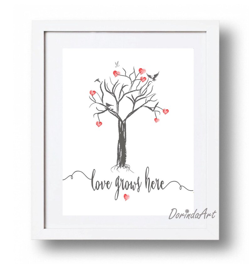 Tree wall art printable Love grows here Love quote Gray and | Etsy