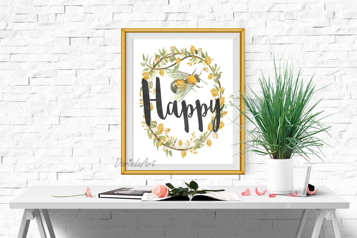 Bee Happy Printable Be Happy Wall Art Yellow and Gray Wall | Etsy
