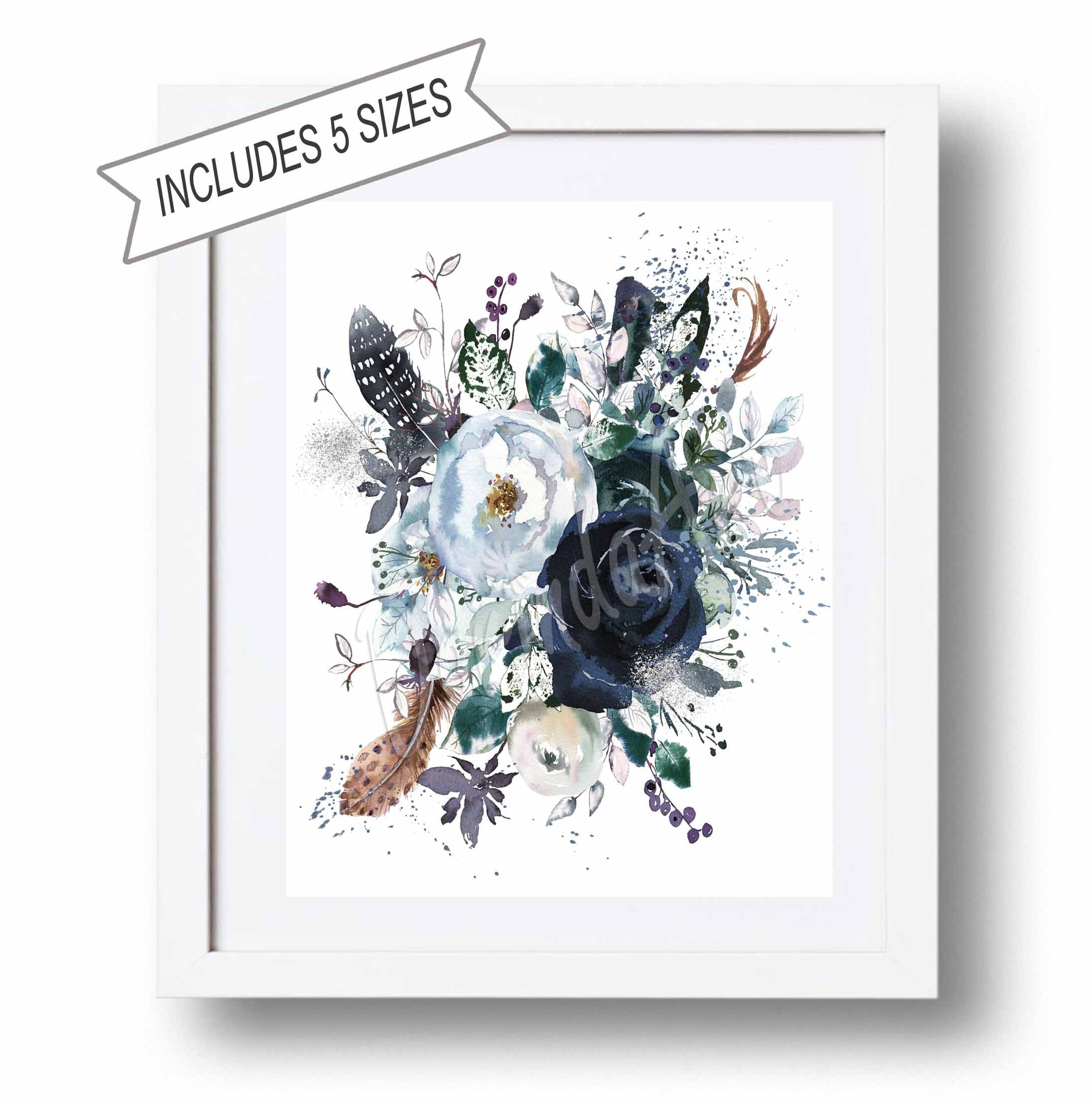 Navy Watercolor Flower Prints Set of 2 White Navy Flowers | Etsy