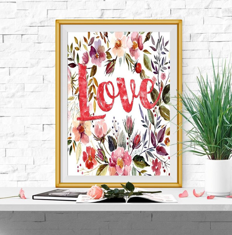 Floral Love printable wall art Watercolor Valentines day print | Etsy