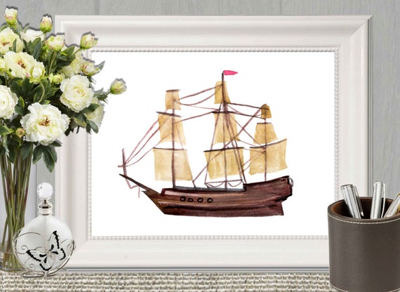 Watercolor ship print Nautical ship printable Nursery sail | Etsy