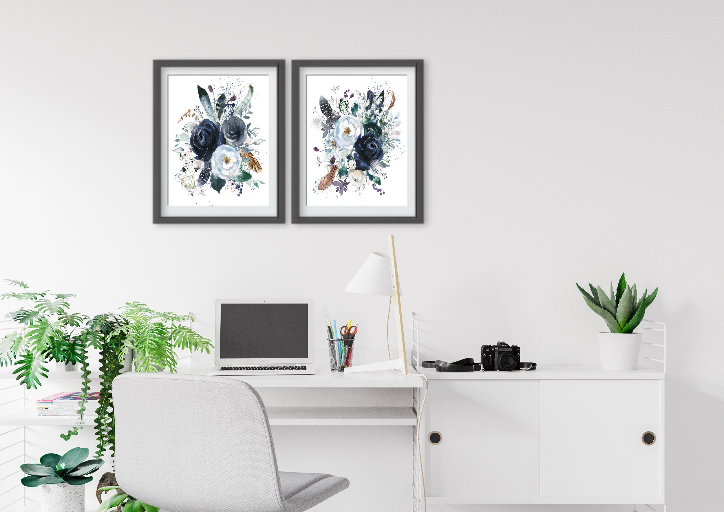 Navy Watercolor Flower Prints Set of 2 White Navy Flowers | Etsy