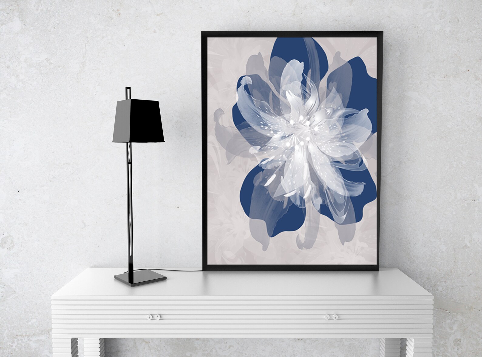 Navy blue gray flower wall art prints Large poster print | Etsy