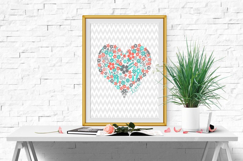 Coral and Turquoise Gray Heart Print 5x7 8x10 11x14 16x20 - Etsy