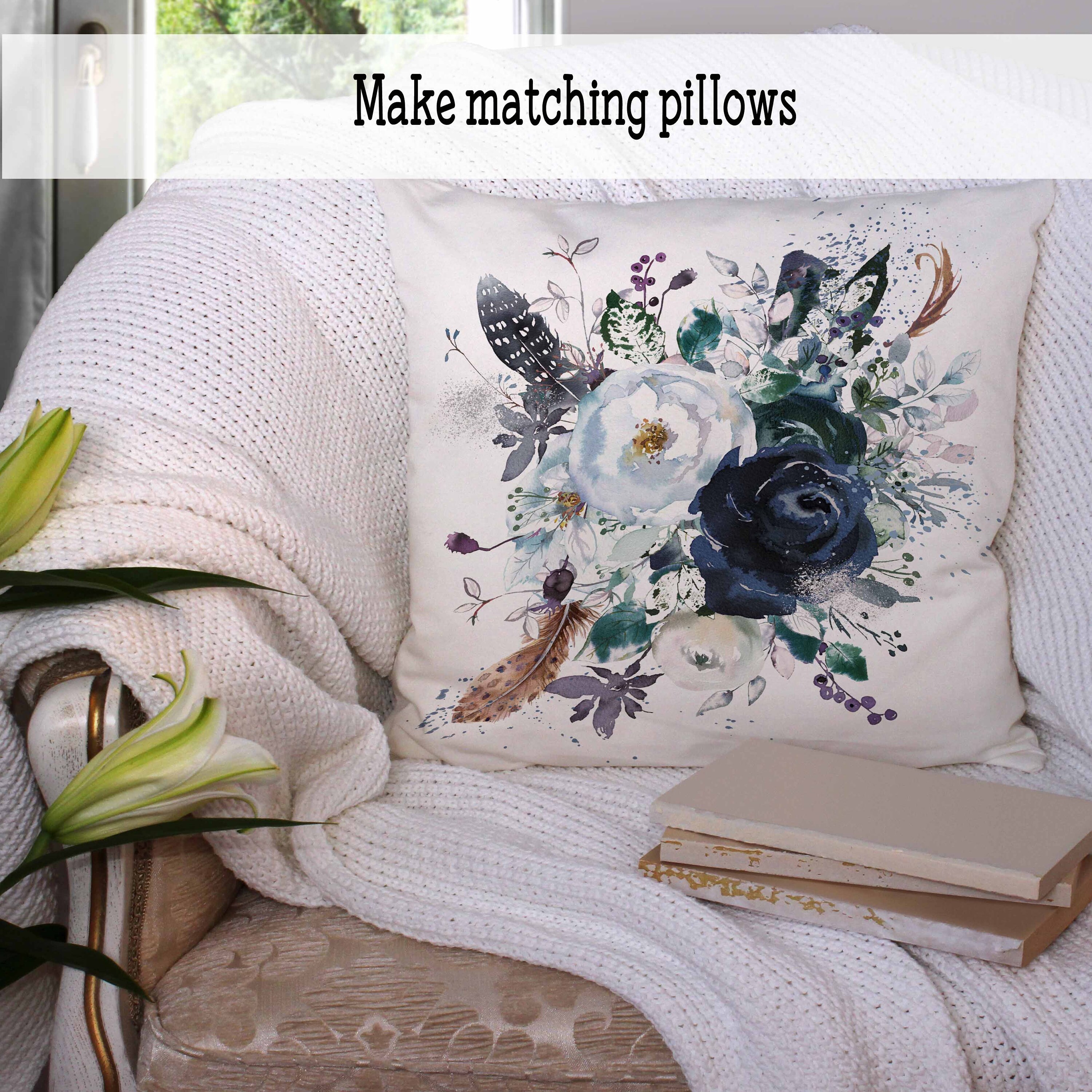 Navy Watercolor Flower Prints Set of 2 White Navy Flowers | Etsy