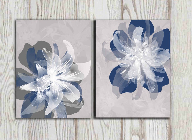 Navy blue gray flower wall art prints Large poster print | Etsy