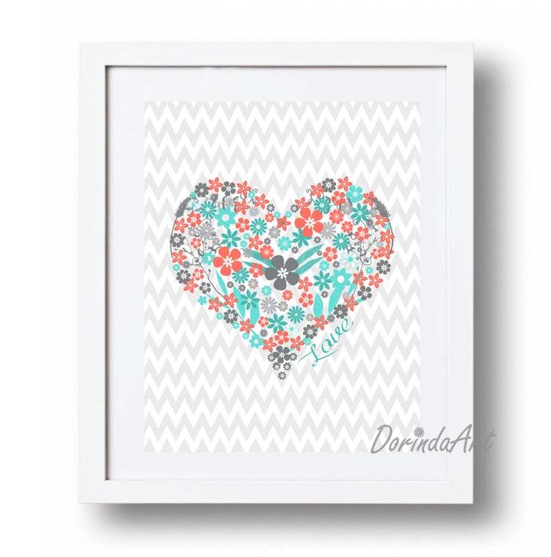 Coral and Turquoise Gray Heart Print 5x7 8x10 11x14 16x20 - Etsy