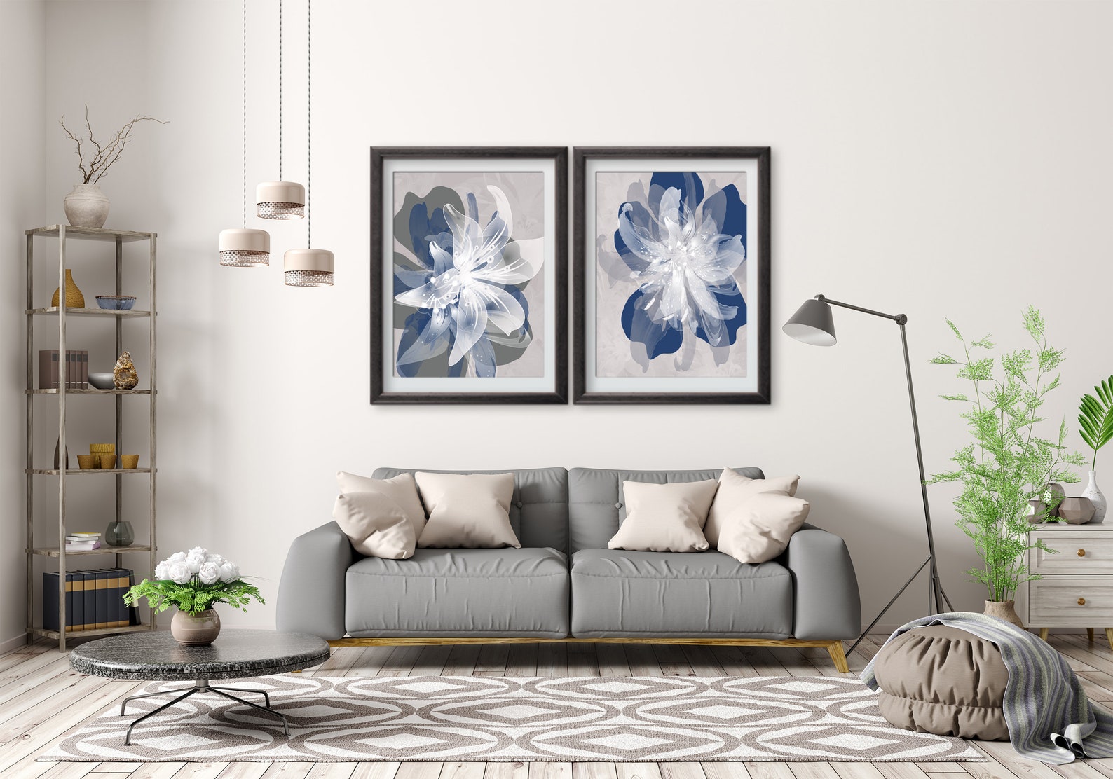 Navy blue gray flower wall art prints Large poster print | Etsy
