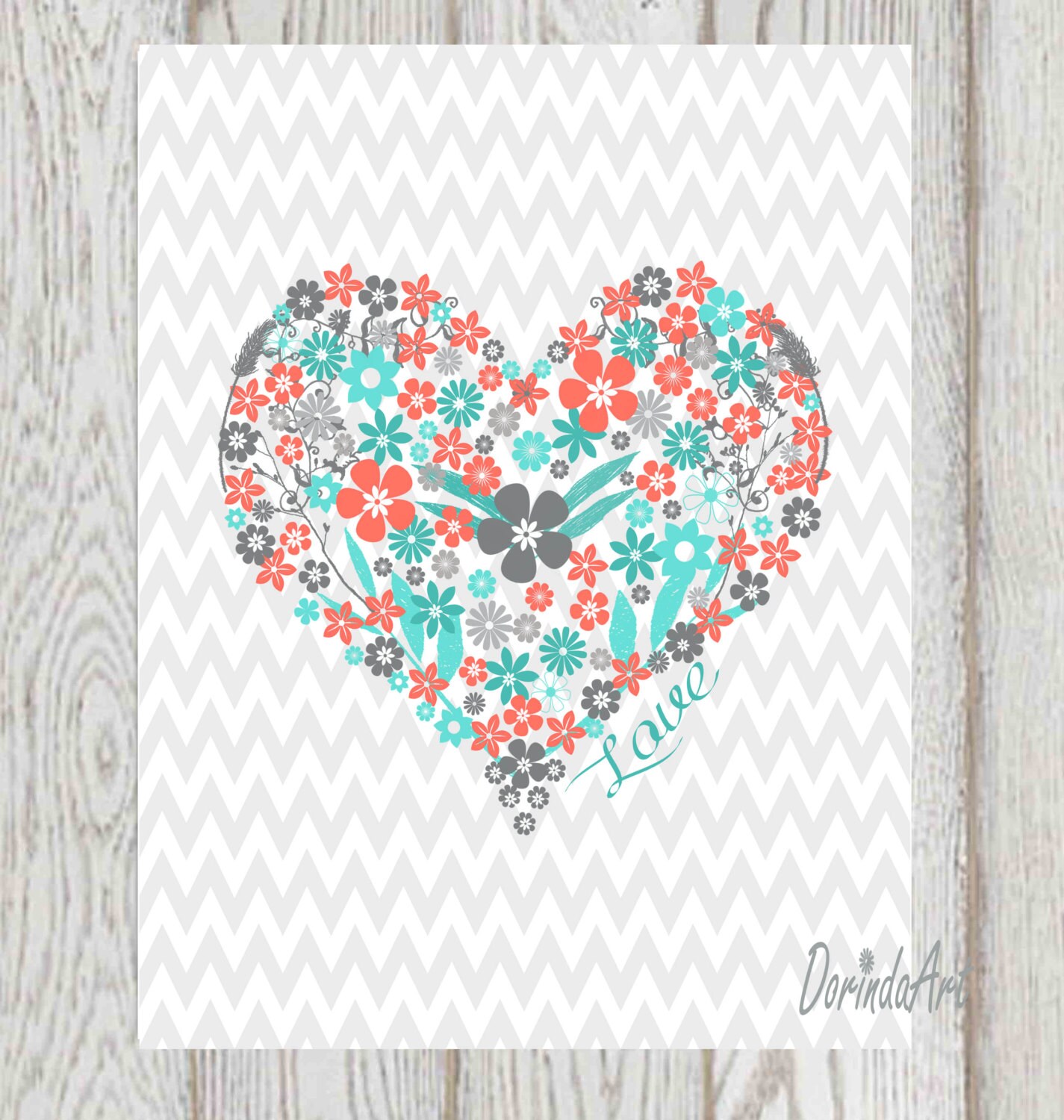 Coral and turquoise gray Heart print 5x7 8x10 11x14 16x20 | Etsy
