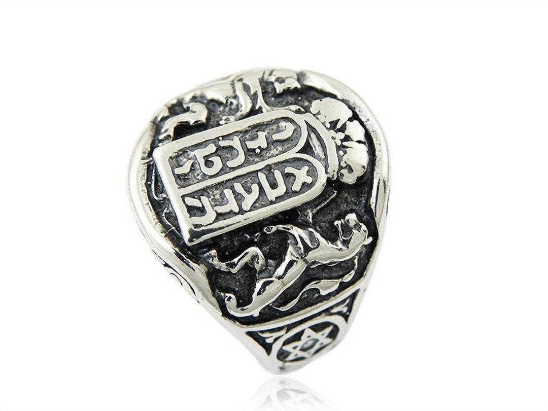Sterling Silver Lion of Judah Ten Commandments Men's Ring, Symbolic ...