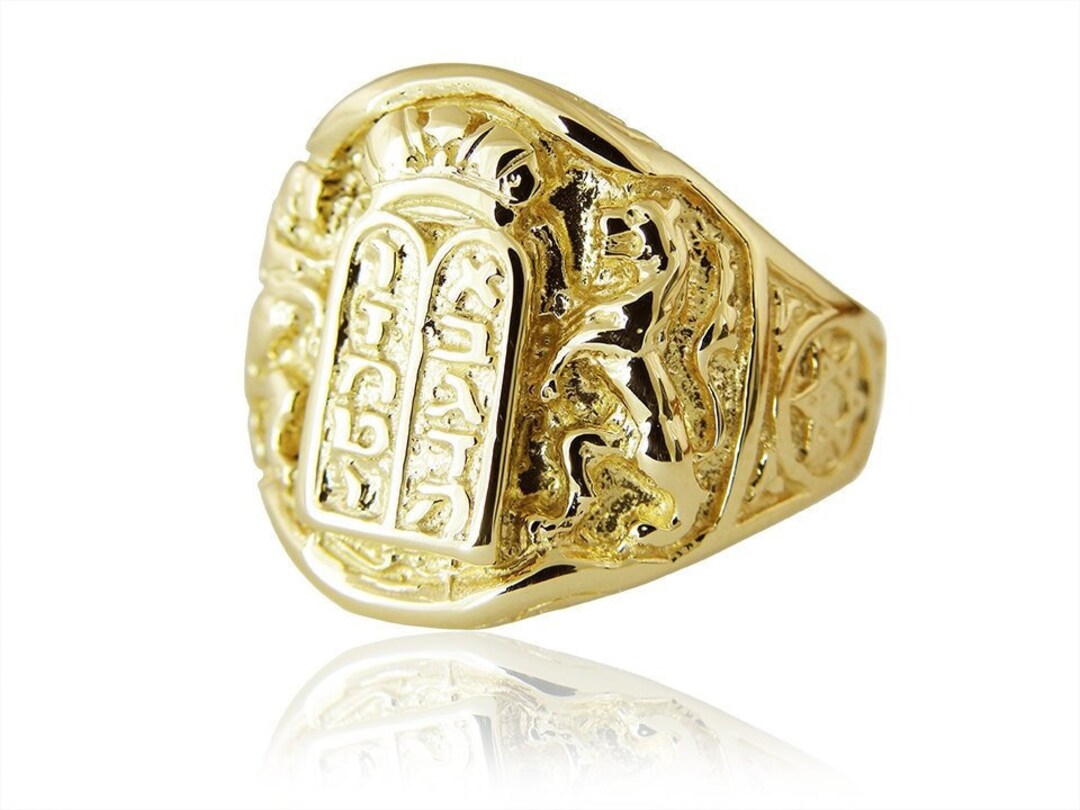14k Yellow Gold Lion of Judah Men's Ring, Ten Commandments Signet Band ...