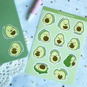 Cute Avocado Emotions Sticker Sheet - Kawaii Food Stickers - Mood ...