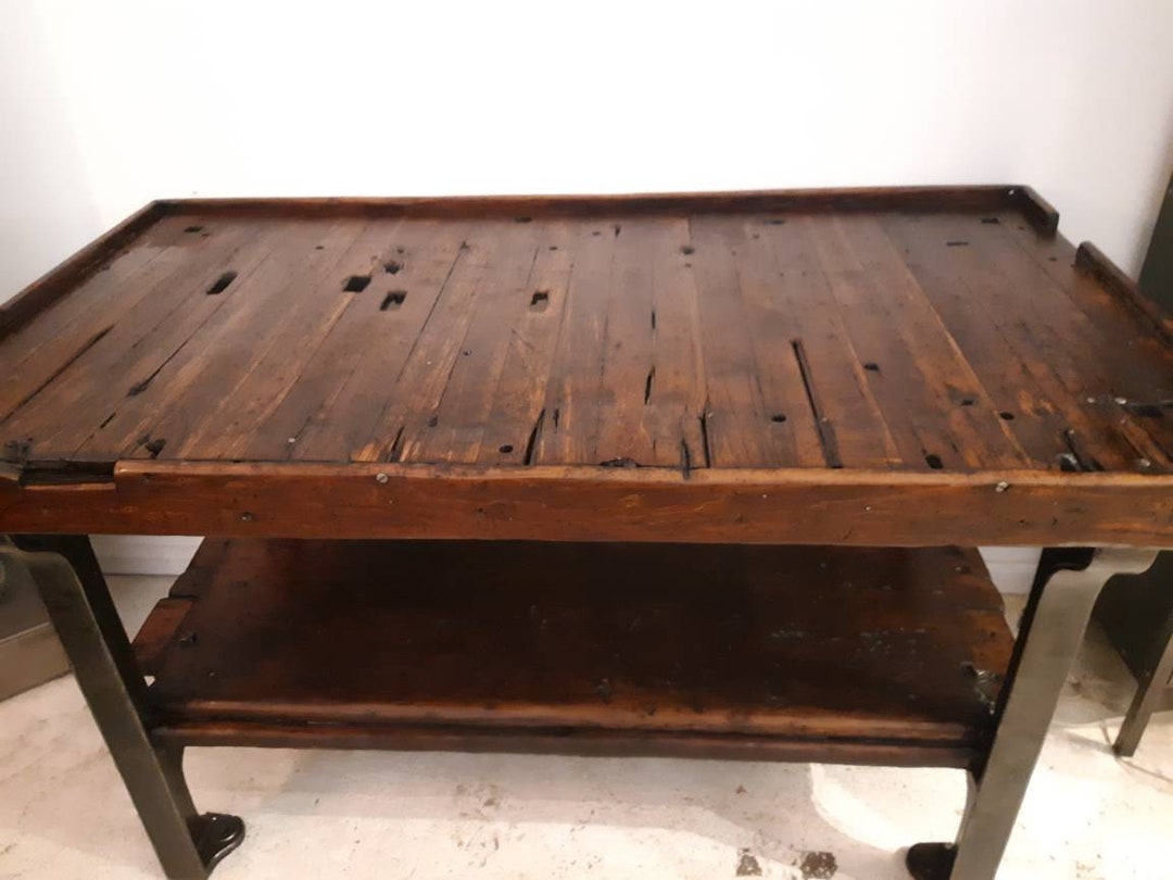 Vintage Industrial Factory Work Table With Cast Iron Legs and Shelf - Etsy