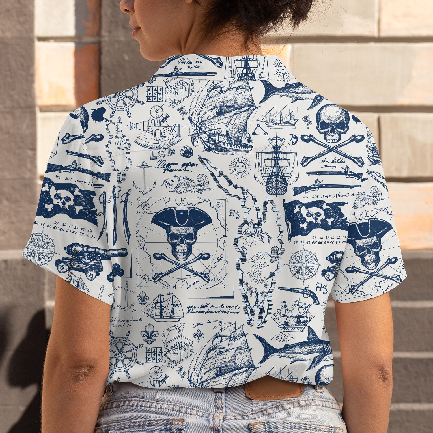 Pirate Skull Hawaiian Shirts for Men Women, Vintage Pirate Treasure Map ...