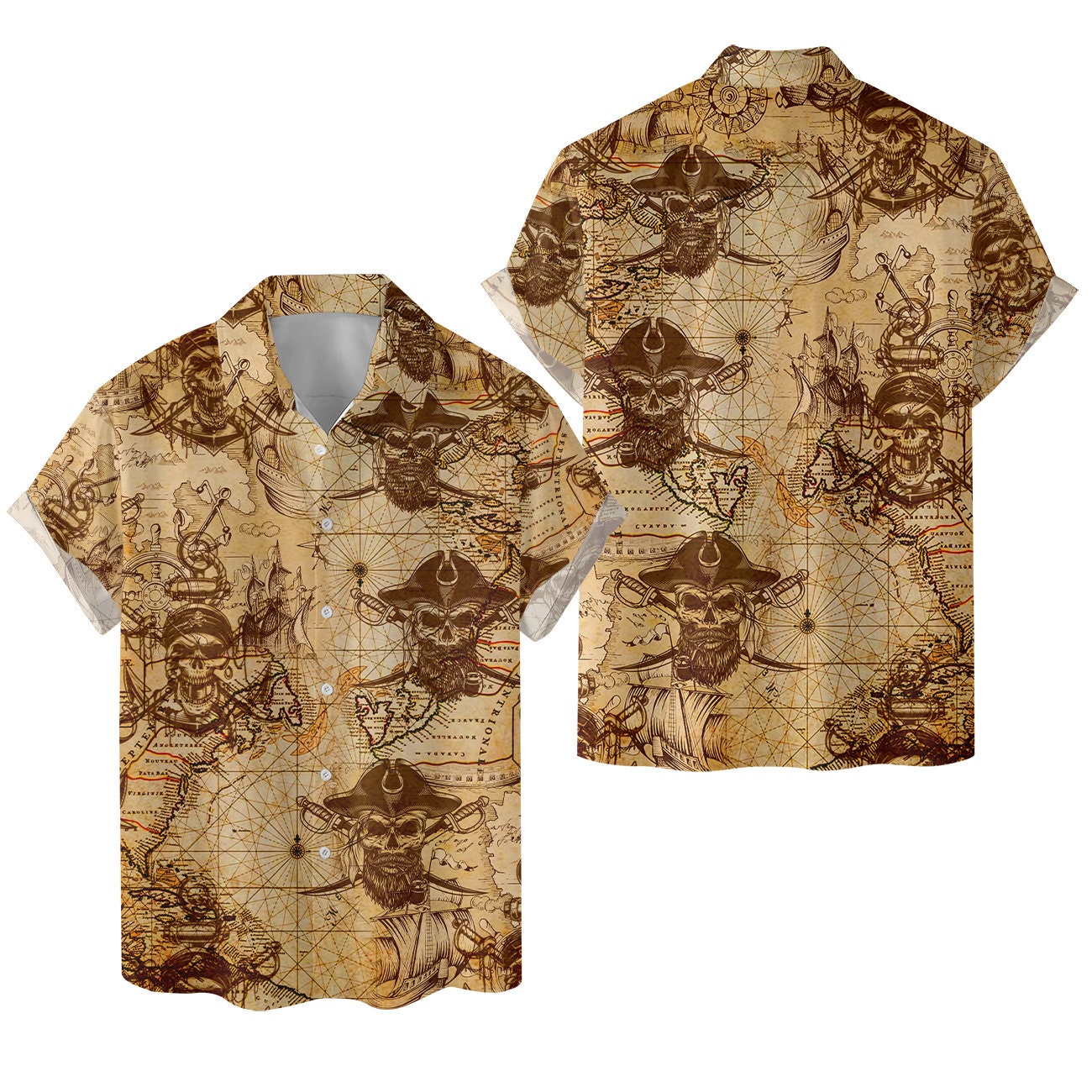 Pirate Skull Hawaiian Shirts for Men Women, Vintage Pirate Treasure Map ...