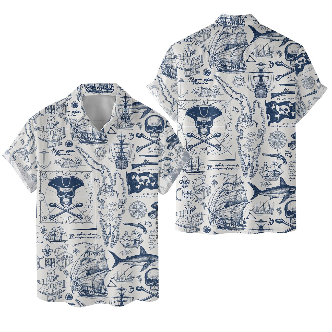 Pirate Skull Hawaiian Shirts for Men Women, Vintage Pirate Treasure Map ...