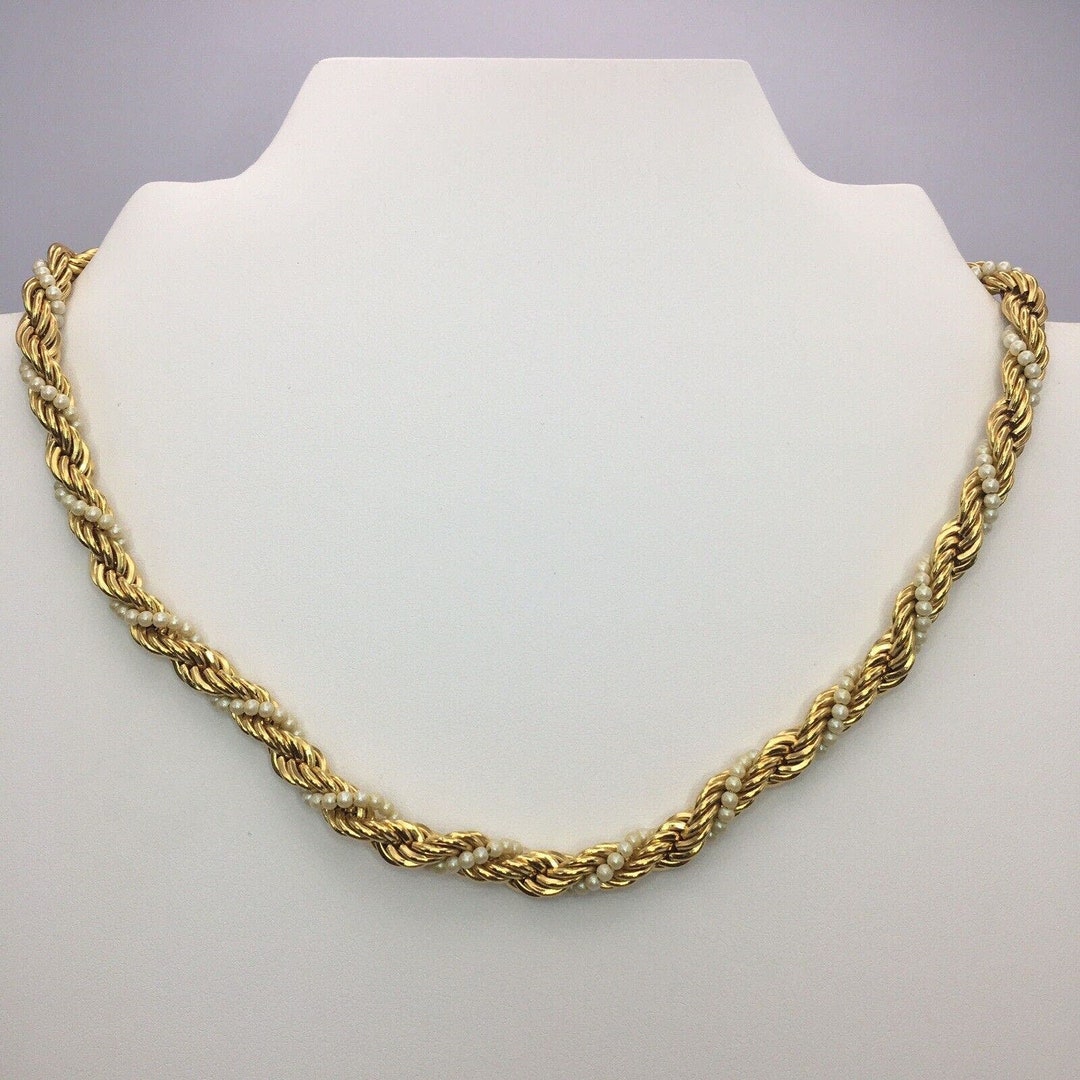 Vintage Monet Gold Tone Chain and Faux Seed Pearl Rope Twist Choker ...
