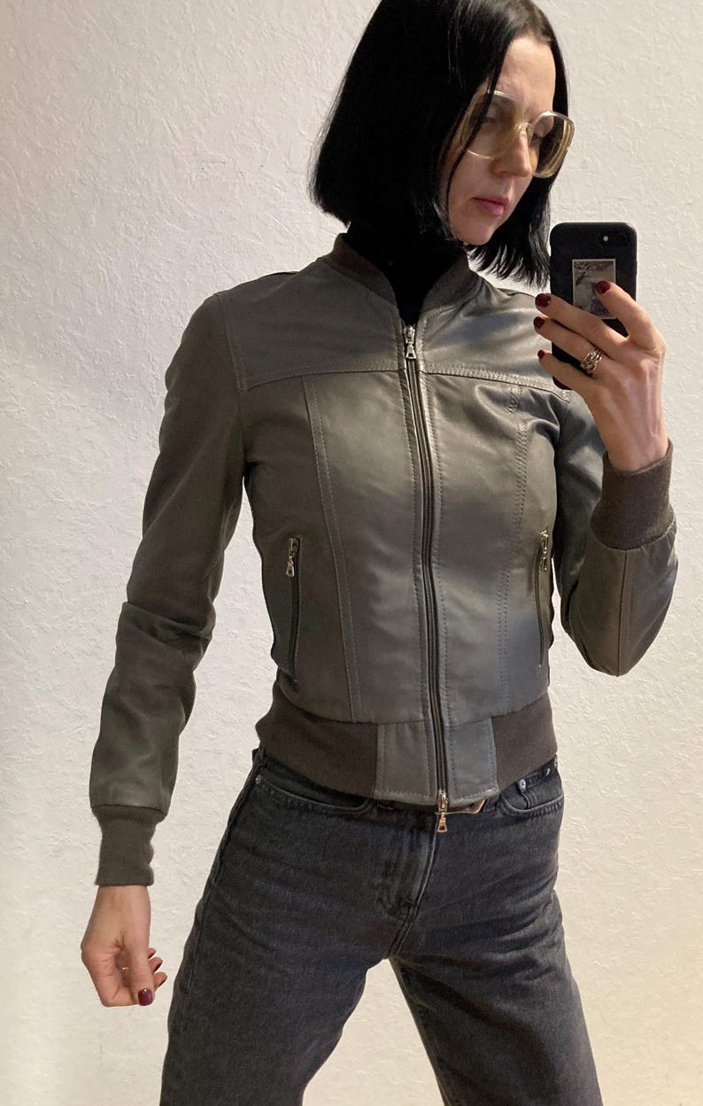 Vintage Grey Leather Bomber Jacket: Fitted Y2K Imperial (size XS) - Etsy