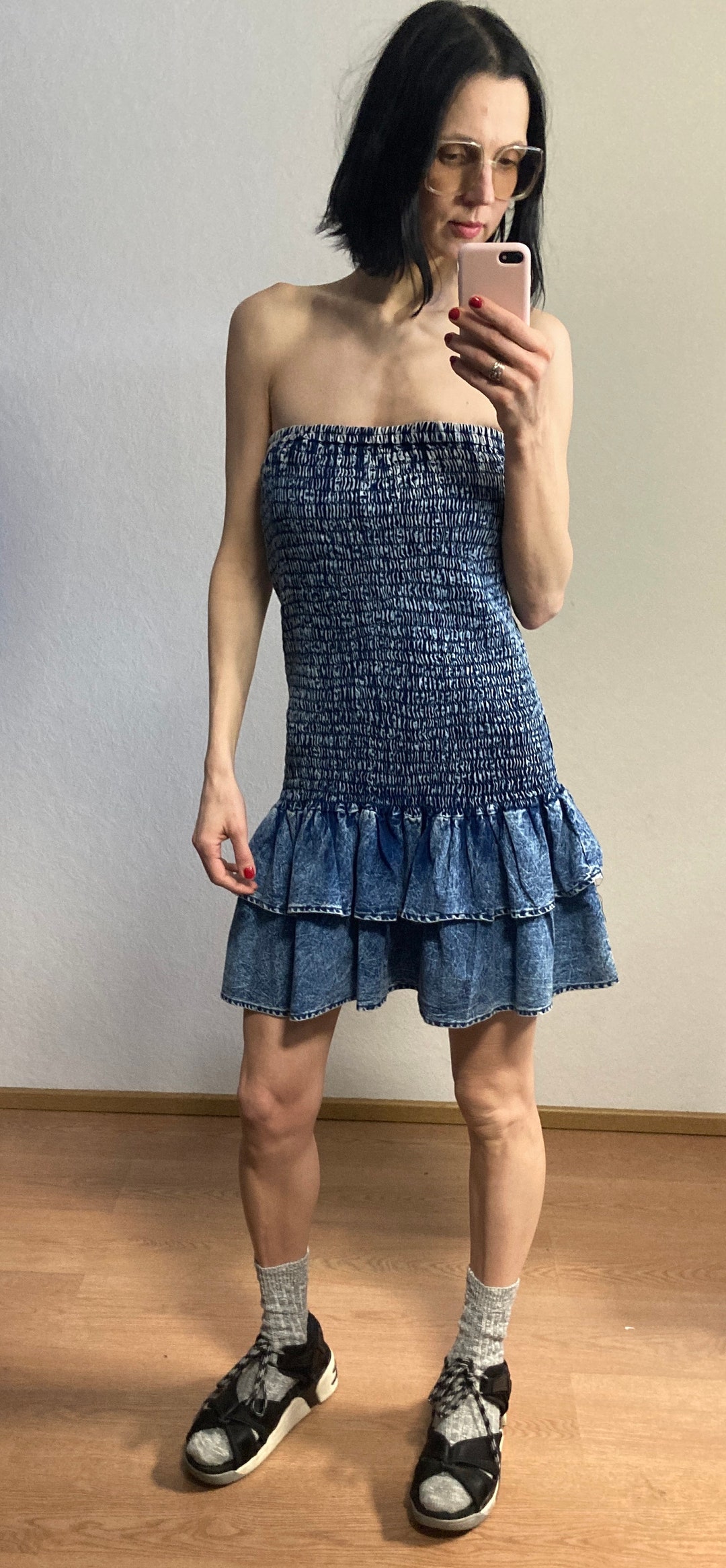 Vestido vaquero vintage sin tirantes con lavado ácido - Etsy México