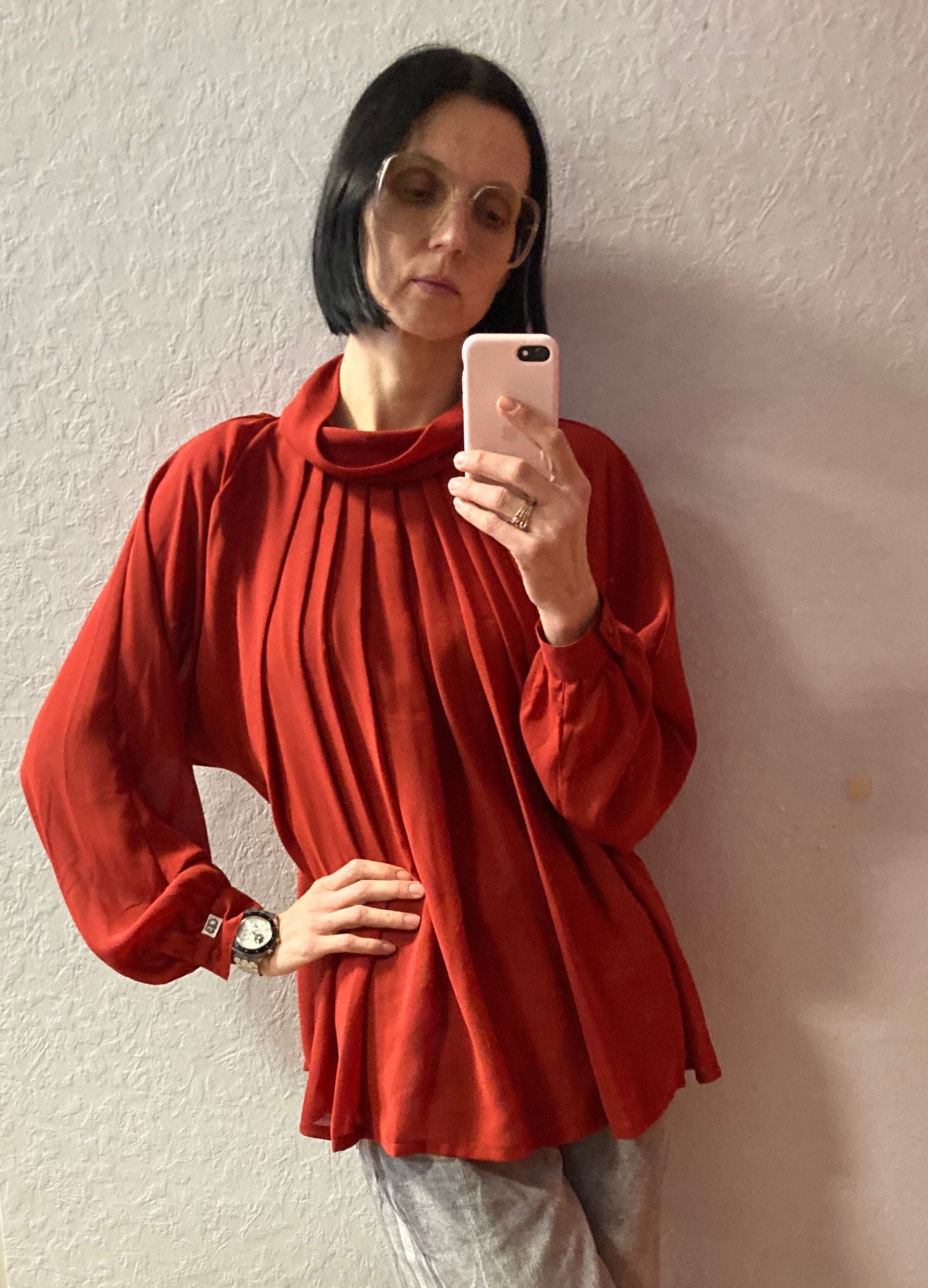 80s Anne Bruse Terracotta Red Pleated Blouse - Etsy