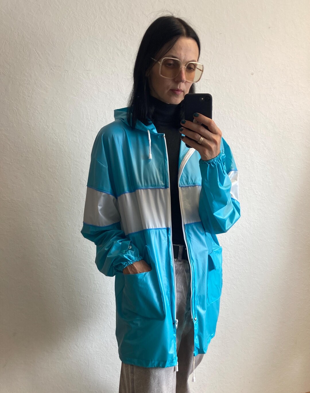 Vintage Rain Jacket - Unisex 80s Rubber Sports Jacket - Oversized Size ...