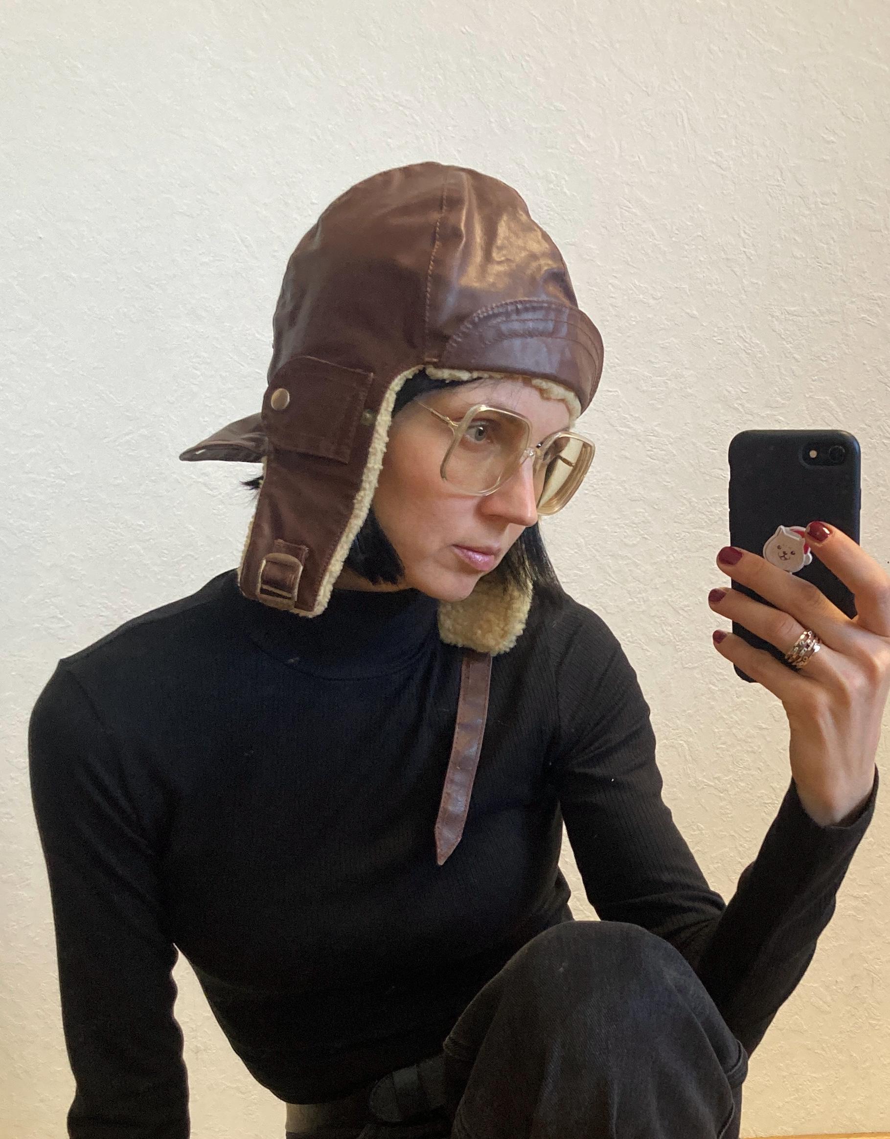 Vintage Brown Faux Shearling Leather Aviator Hat From 1970s Size XS ...