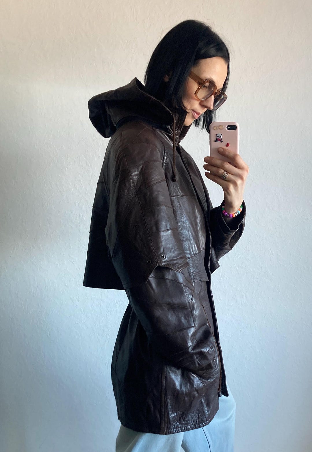 Vintage Brown Patch Work Leather Cape Coat With Removable Hood - Size S ...