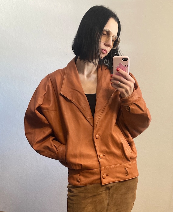 Vintage Copper Brown Leather Jacket 1980s Bomber - Gem