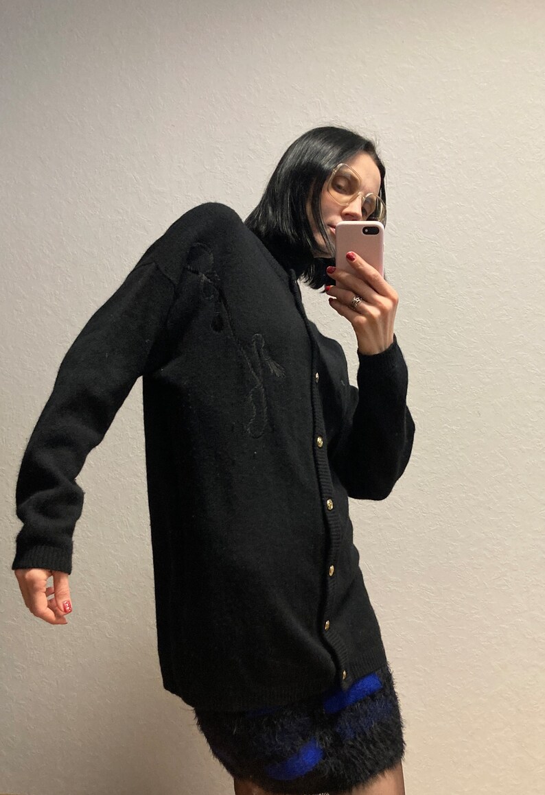 Vintage Angora Wool Cardigan Monochrome Embroidery - Etsy