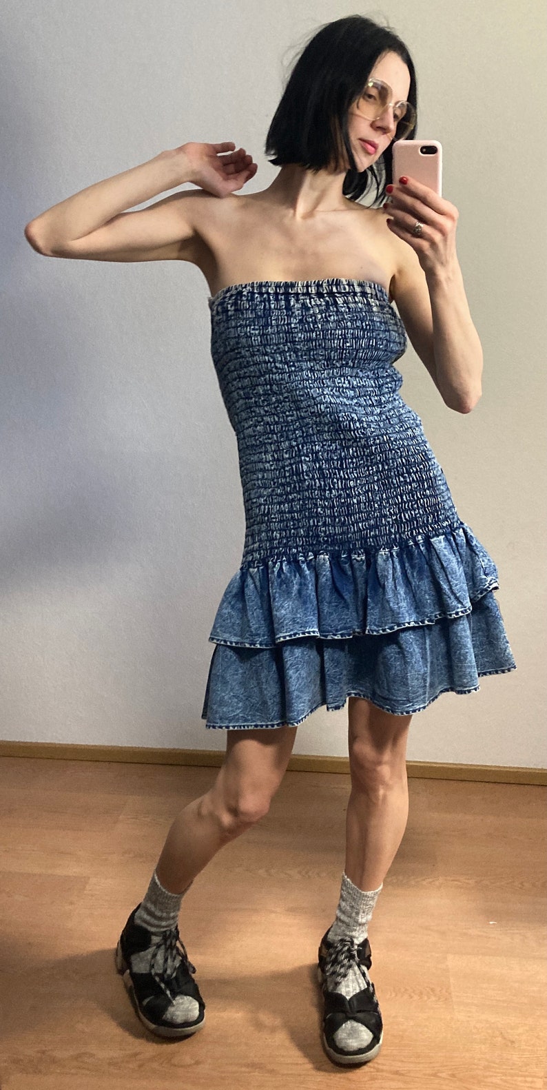 Vestido vaquero vintage sin tirantes con lavado ácido - Etsy México