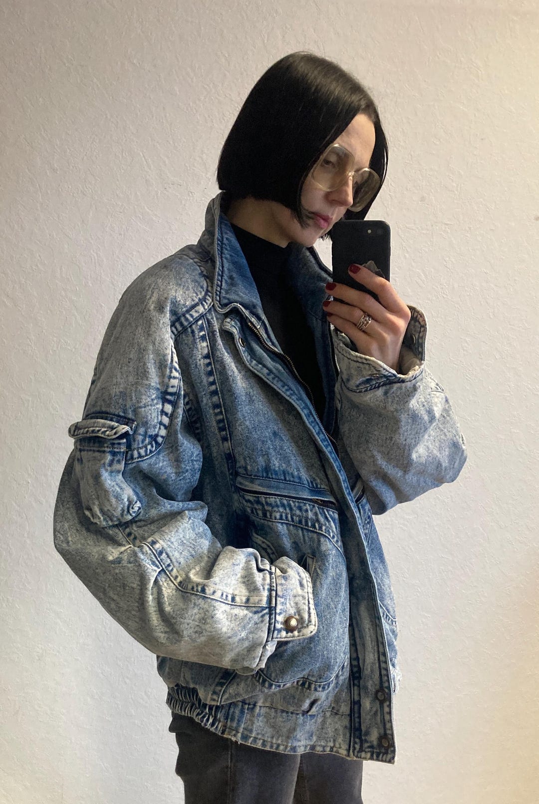 Vintage Acid Wash Light Blue Denim Bomber Jacket With Warm Lining From ...