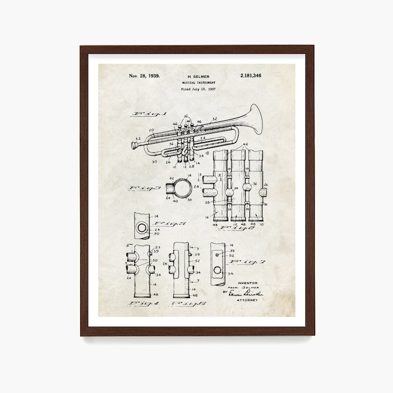 Trumpet Patent Art Print: Vintage Horn Blueprint, Music Room Decor - Etsy