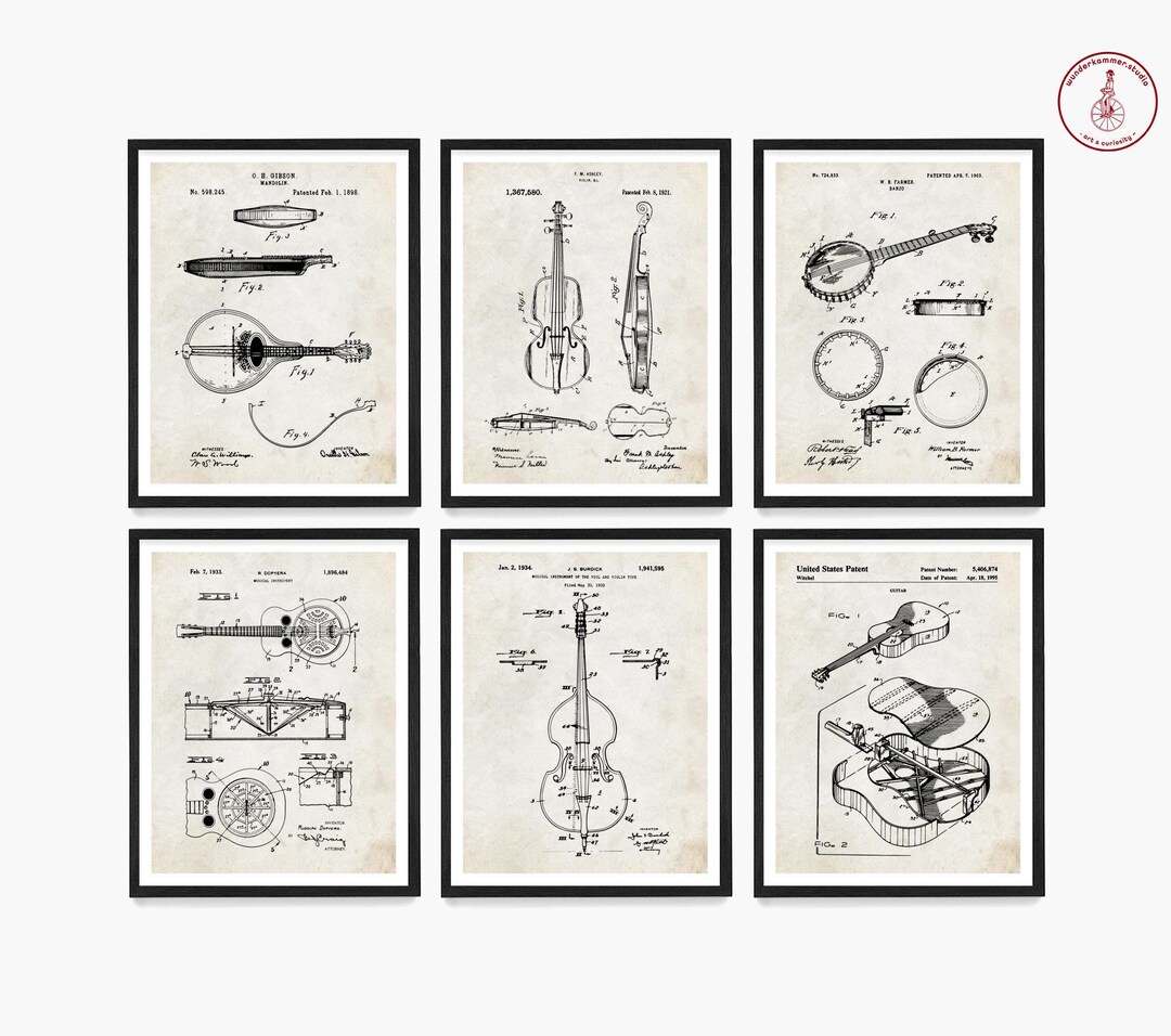 Bluegrass Music Instrument Patent Art Print: Mandolin, Banjo, Guitar ...