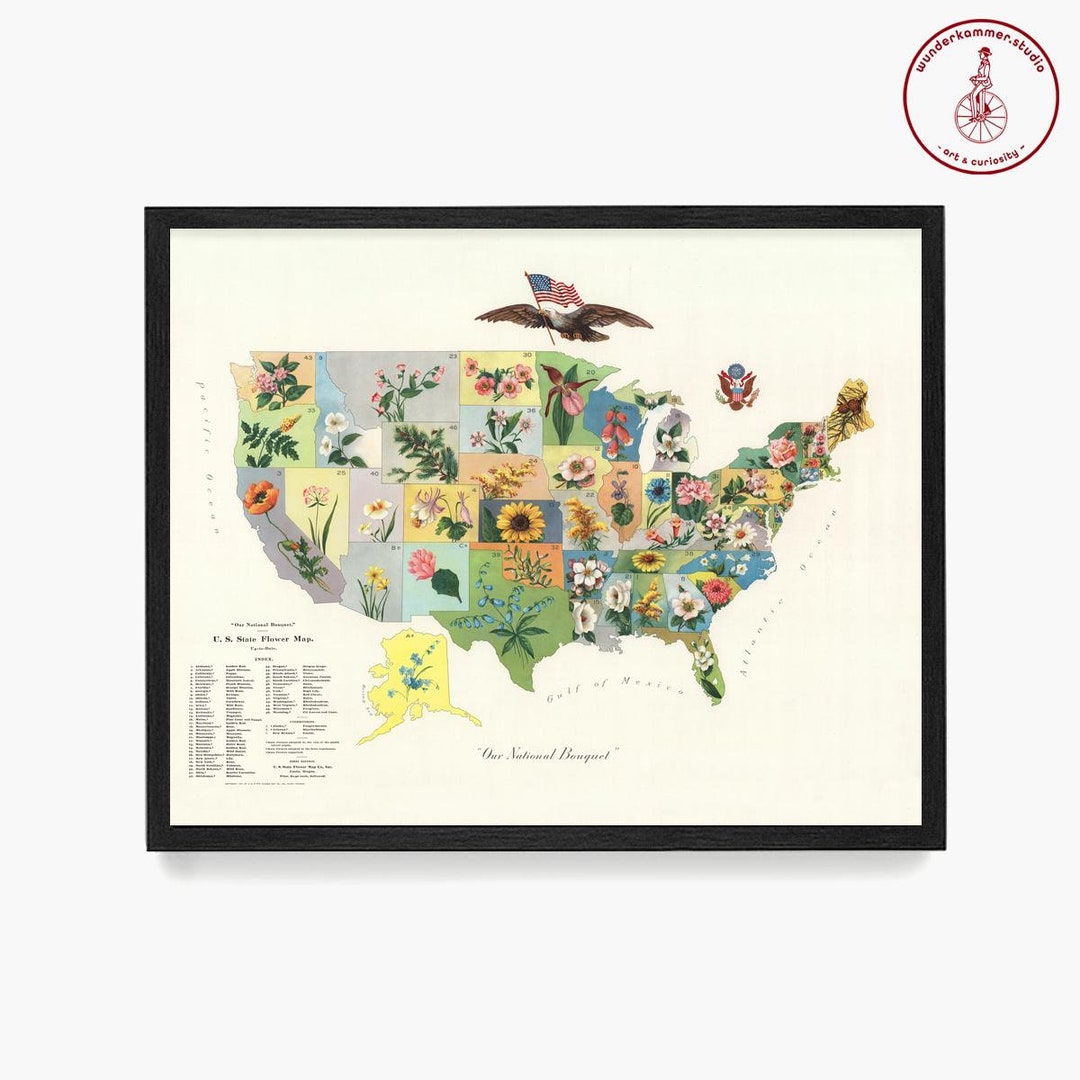 State Flower Map Poster, Flower Wall Art, Florist Gift, Floral Art ...
