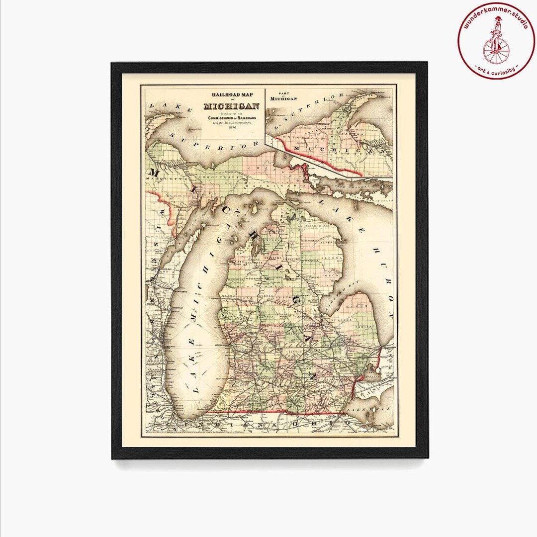 Michigan Map Wall Art, Michigan Home Decor, Great Lakes Map Vintage ...