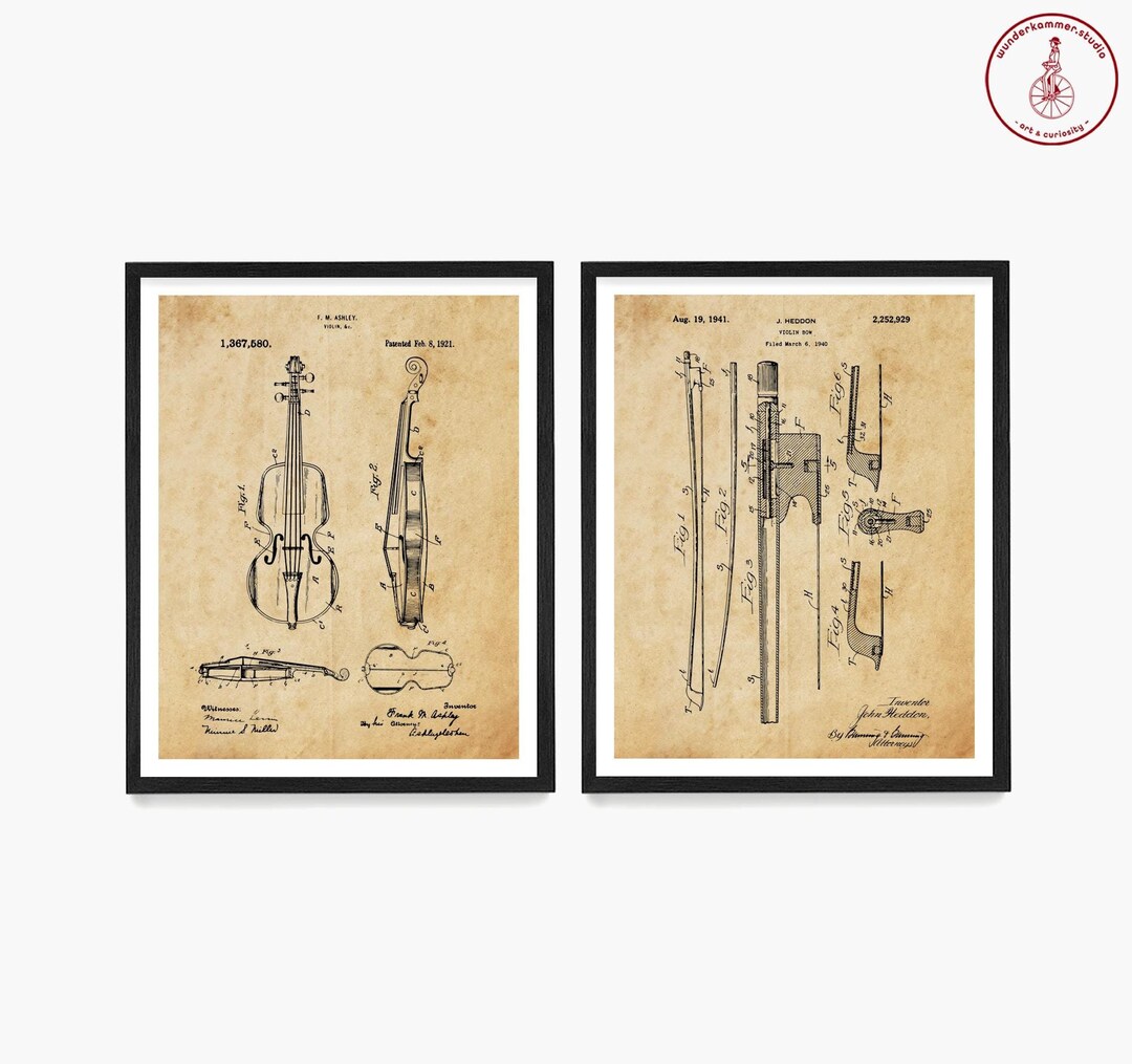 Violin Patent Art Print Set: Vintage Fiddle Blueprint, Music Room Decor ...