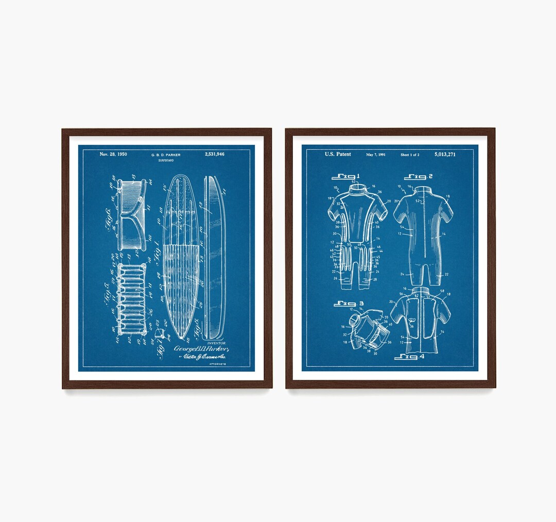 Surfing Patent Art Print Set: Surfboard & Wetsuit Blueprint - Etsy