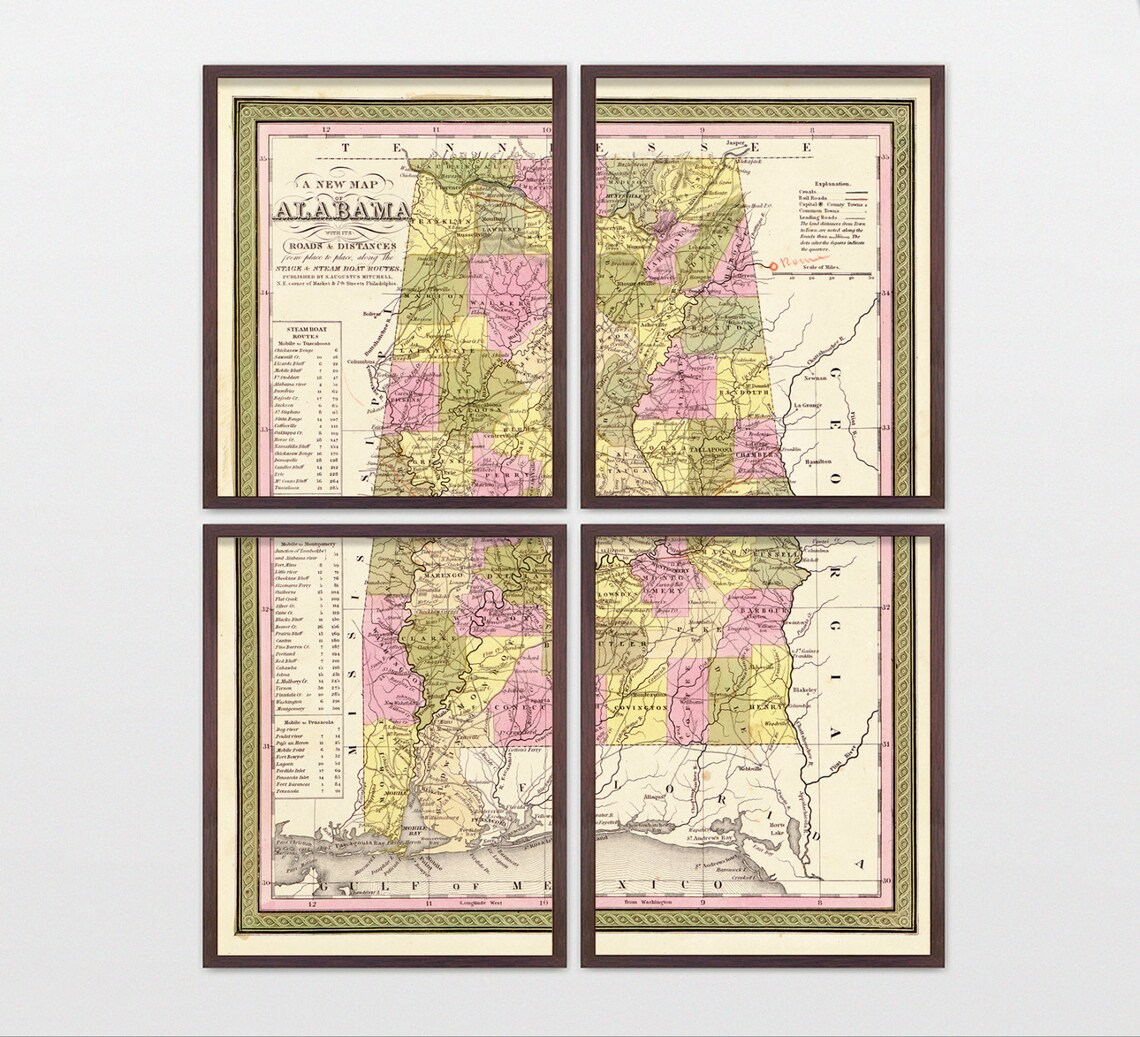 Alabama Map Antique Map Alabama Art Alabama Poster Alabama | Etsy