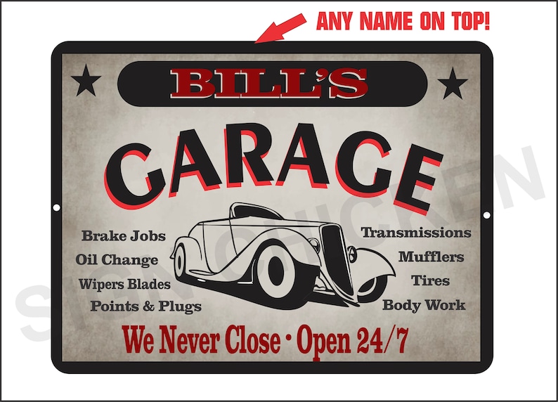 Custom Garage Sign, Any Name on Top, Mancave, Gearhead, Grease Monkey ...