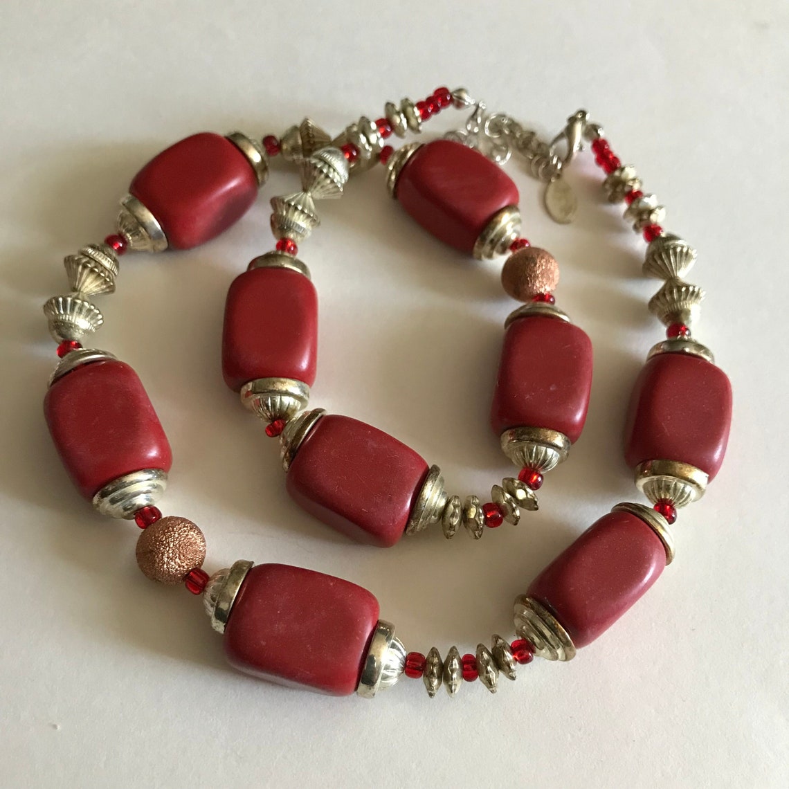 Chunky RED Jasper Stone Barrel Bead Silver Spacer Necklace - Etsy