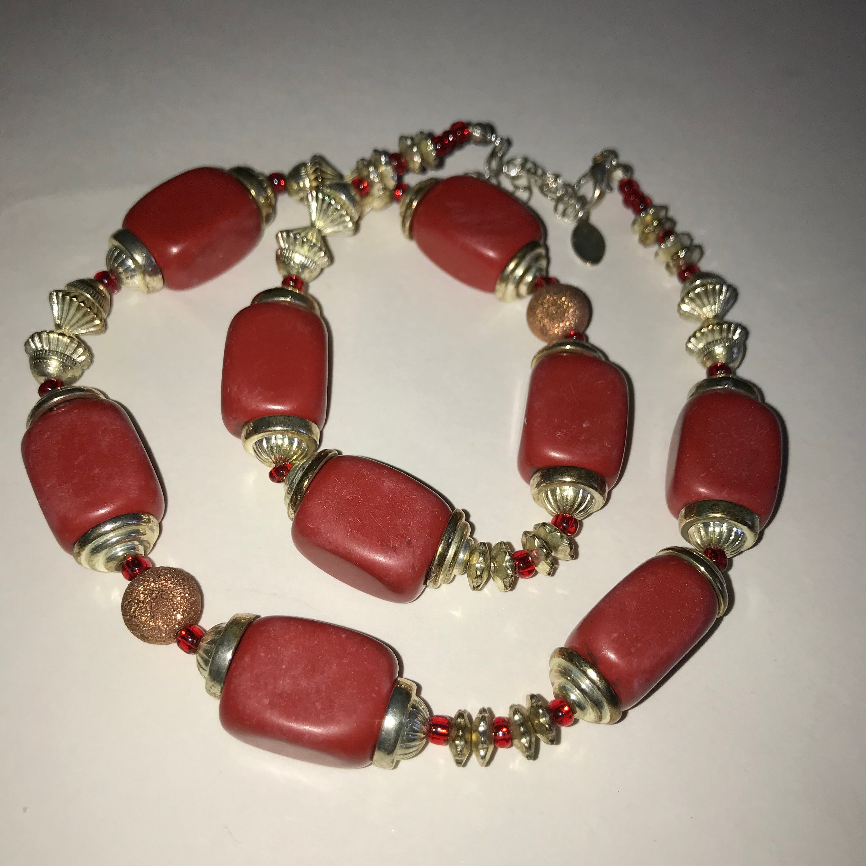 Chunky RED Jasper Stone Barrel Bead Silver Spacer Necklace - Etsy
