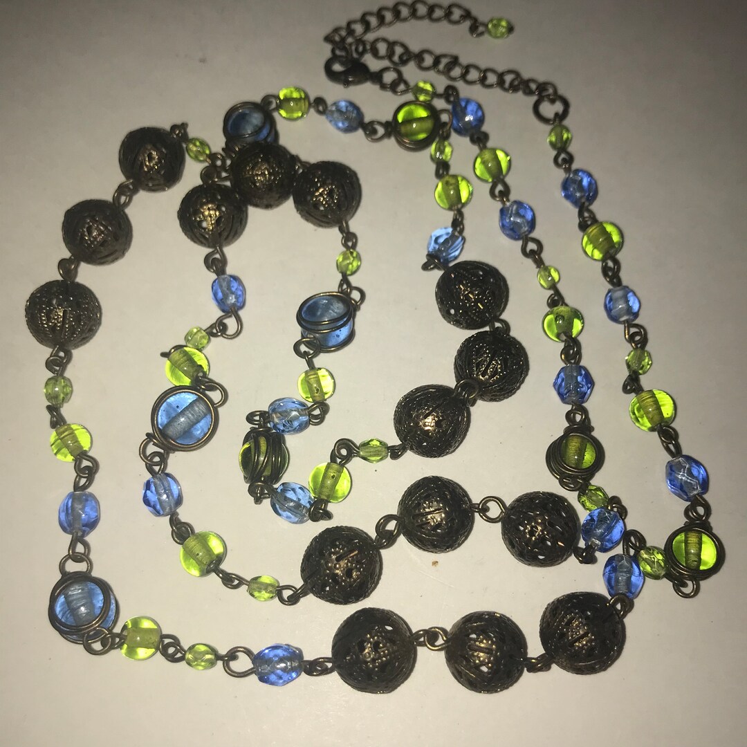 Vintage Encaged Sky-blue Green Glass Brass Filigree Long Chain Necklace ...